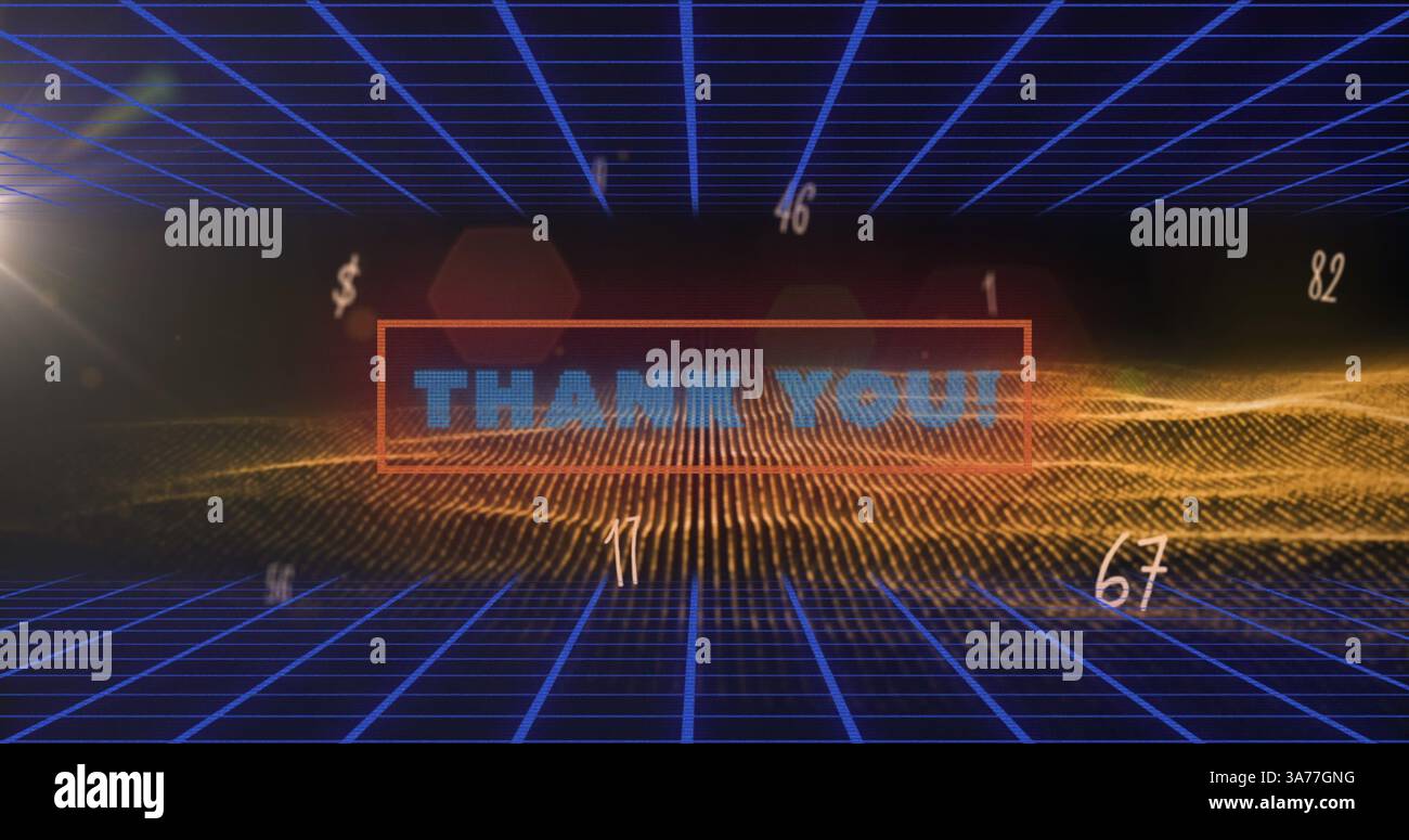 Image of thank you text over grid and flying numbers Stock Photo - Alamy