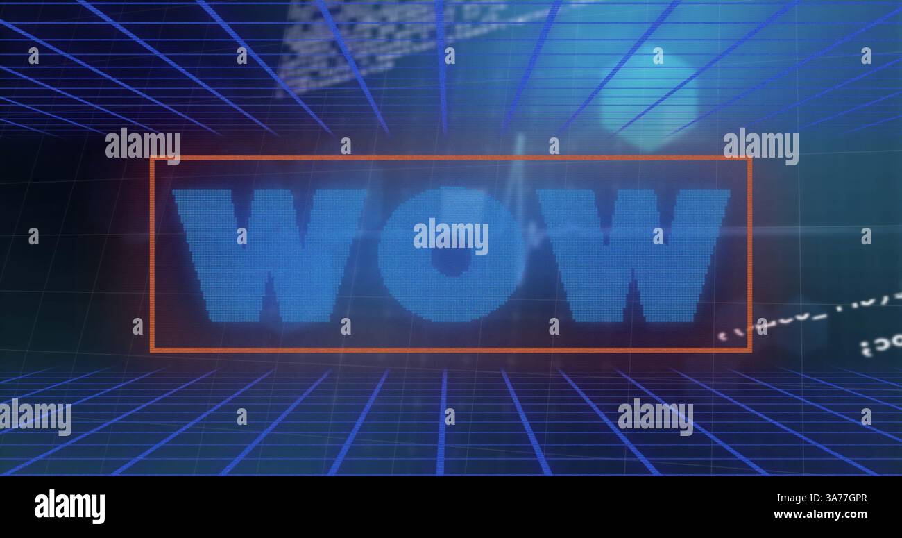 Image of wow text over blue grid and data processing Stock Photo - Alamy