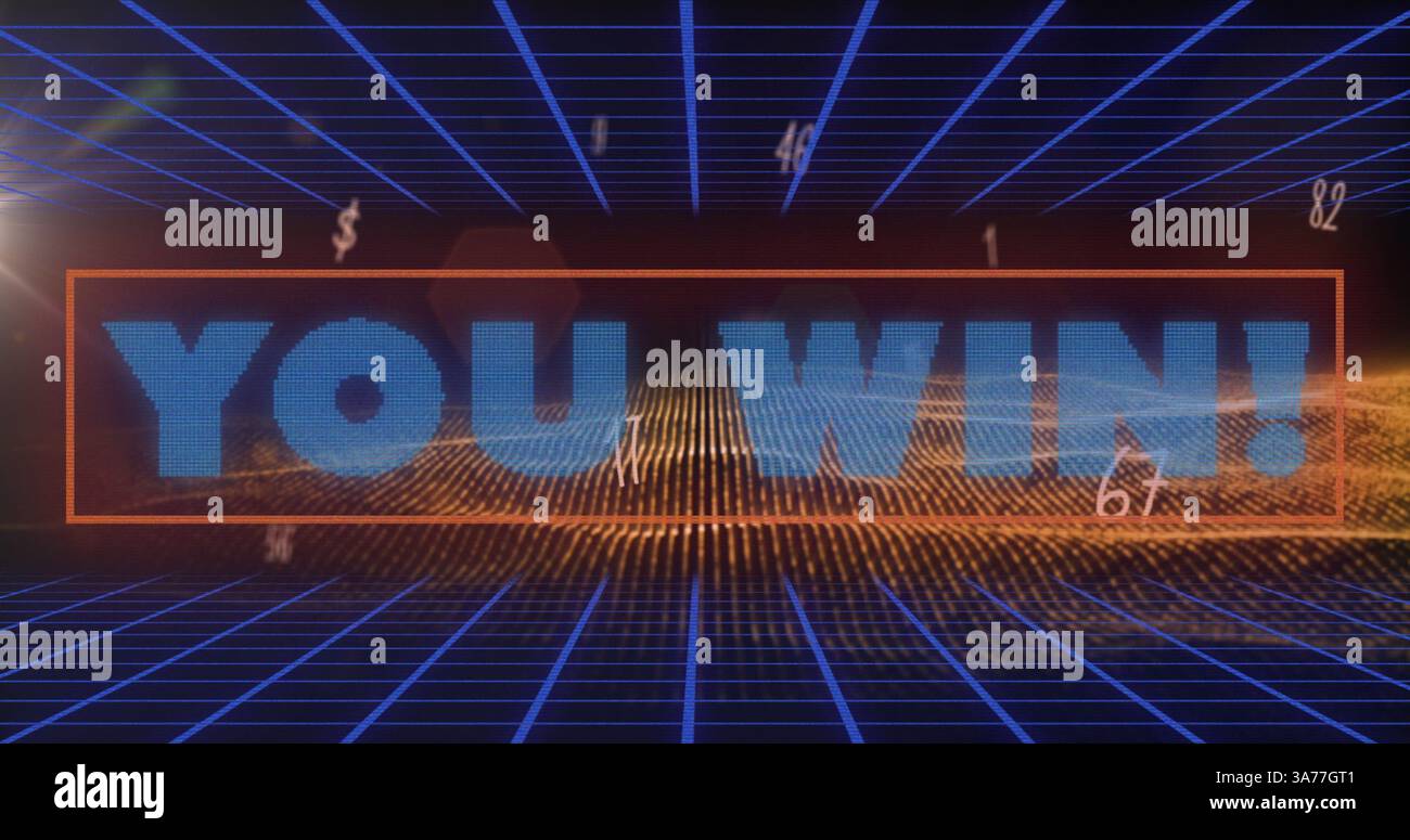 Image of you win text over grid and flying numbers Stock Photo - Alamy