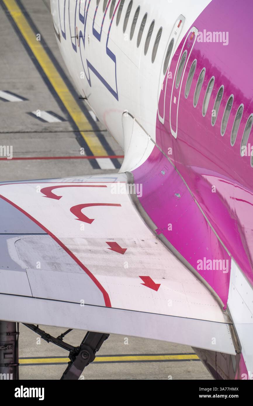 Markings on the wing of an Airbus A320, arrows indicate the escape ...