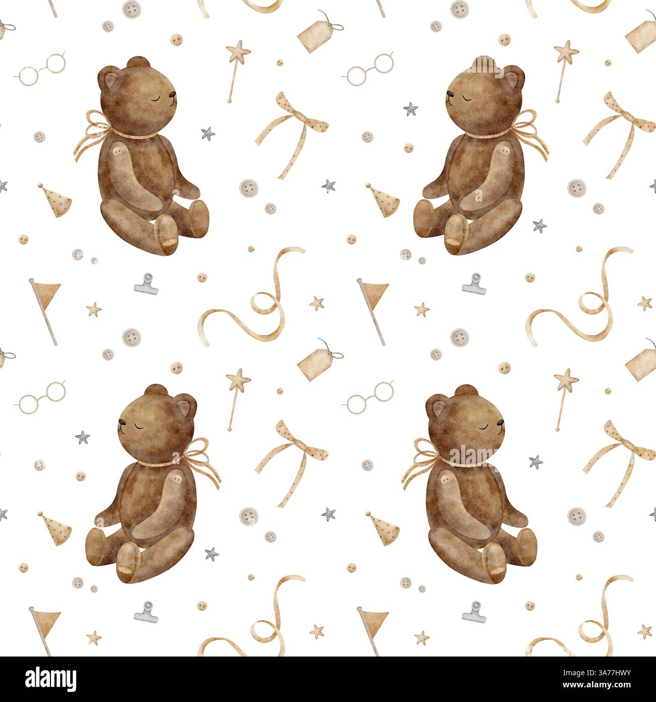 Seamless pattern teddy bear, ribbon, bow, buttons. Watercolor print in ...