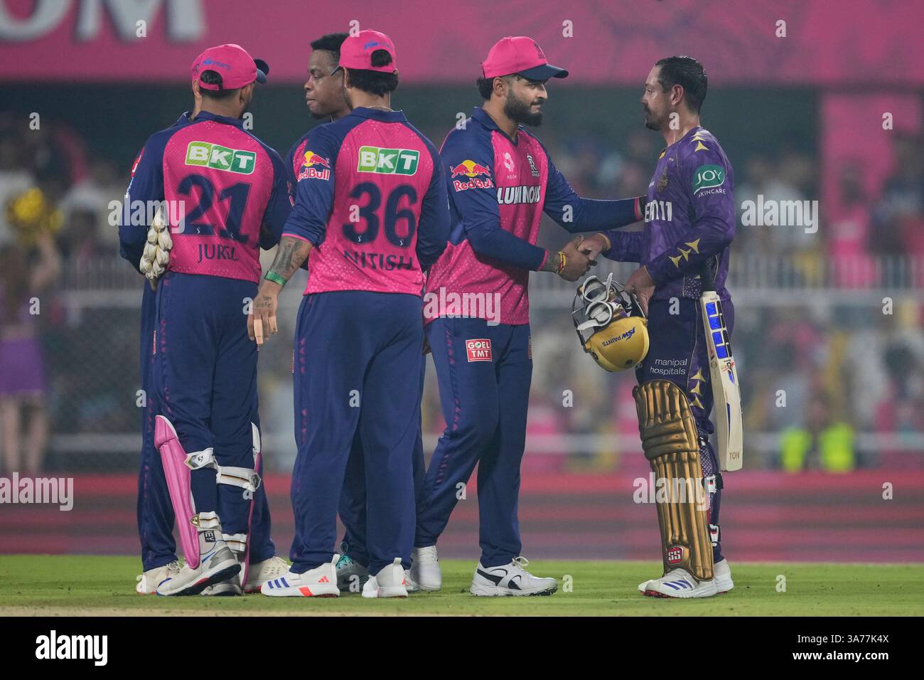 Kolkata Knight Riders' Quinton de Kock, left, greeted by Rajasthan ...