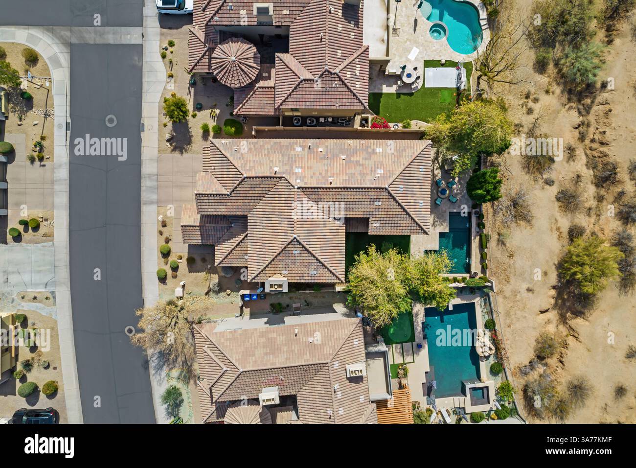 This captivating aerial view showcases a beautiful residential area ...
