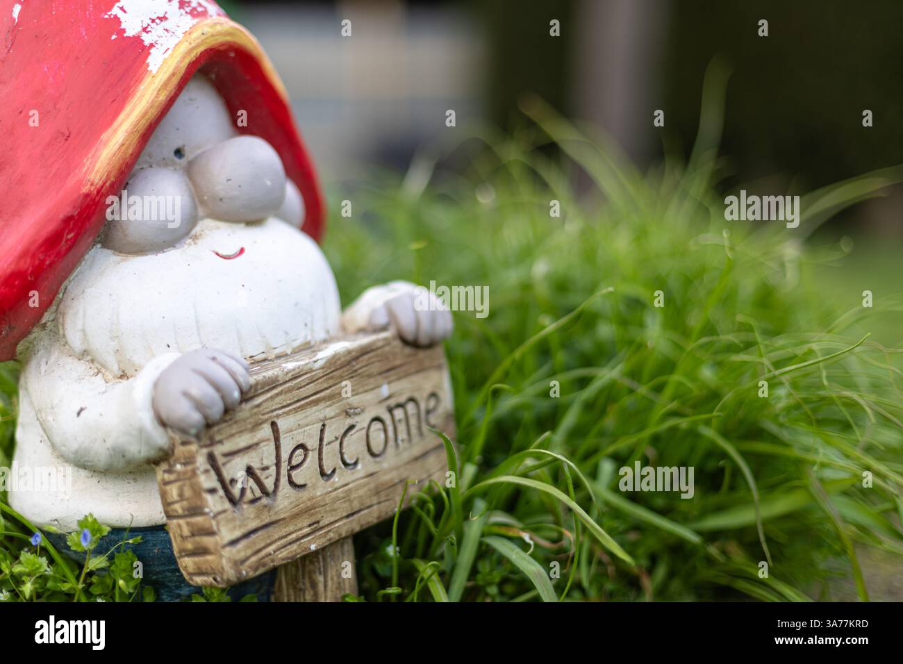 Whimsical garden gnome with a red hat and a wooden 'Welcome' sign ...