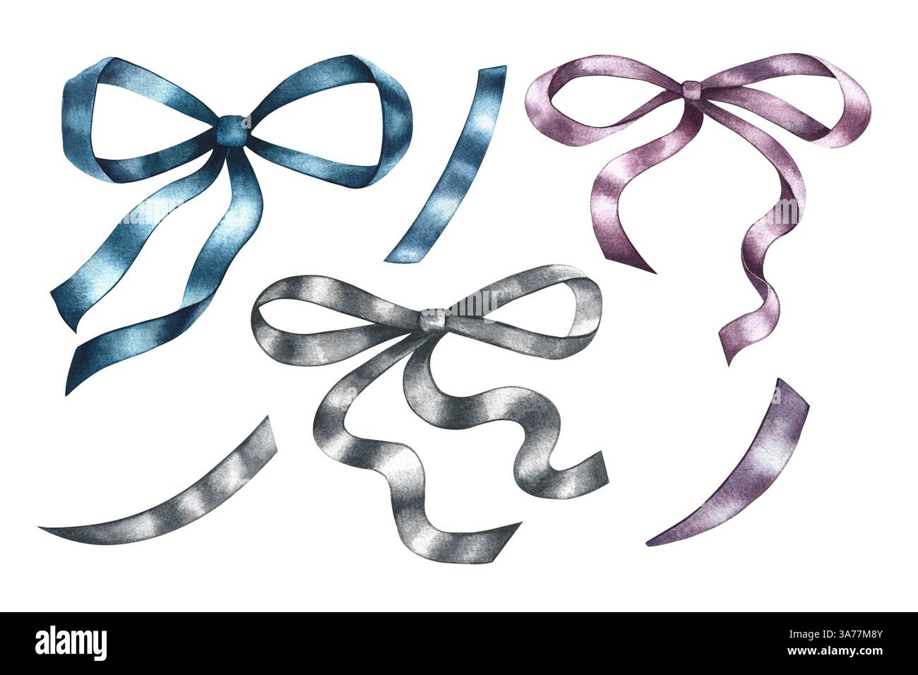 A set of ribbon bows. A hand-drawn watercolor illustration. Clip art of ...