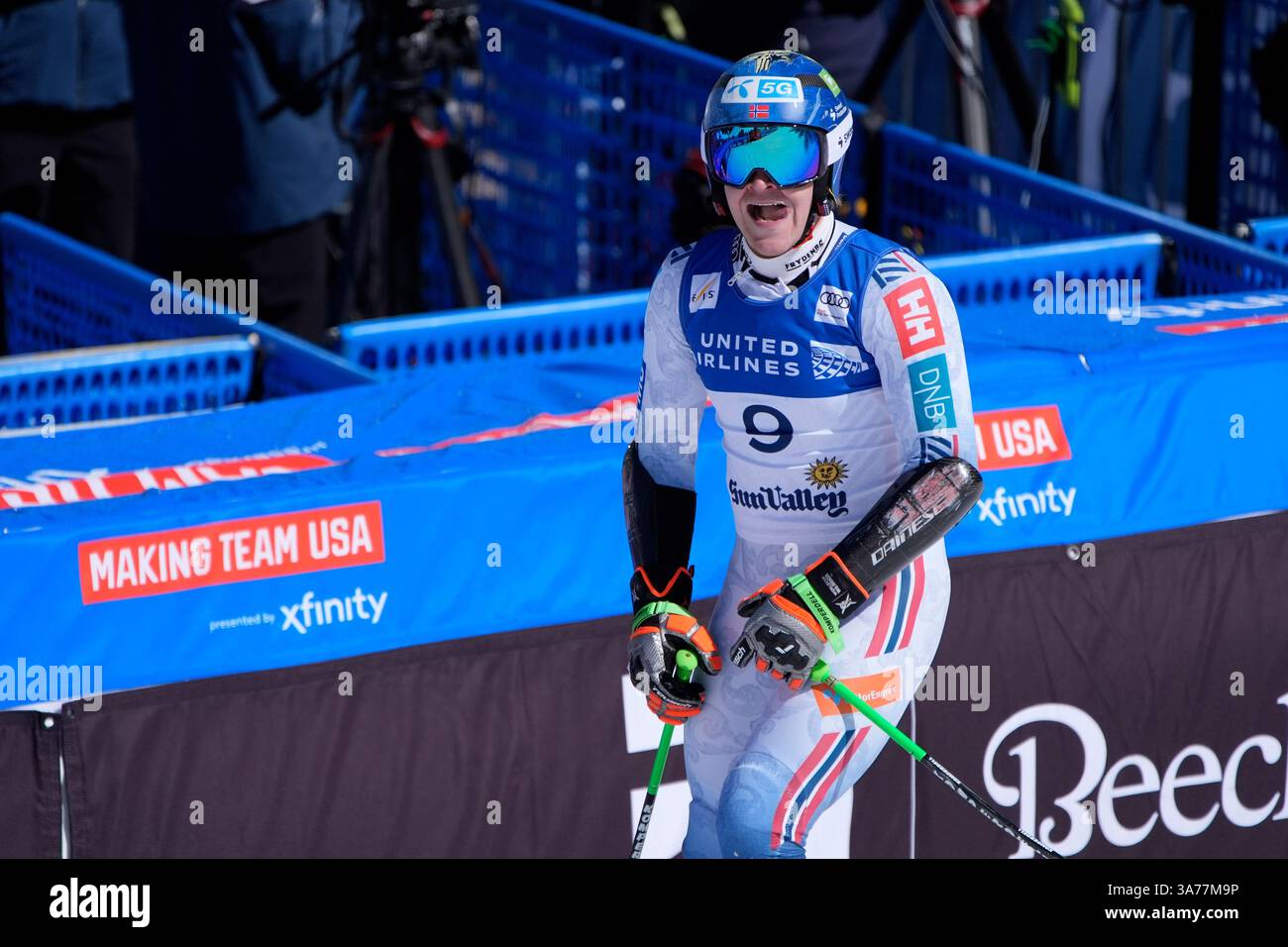 Norway's Timon Haugan reacts after finishing his run during a men's ...