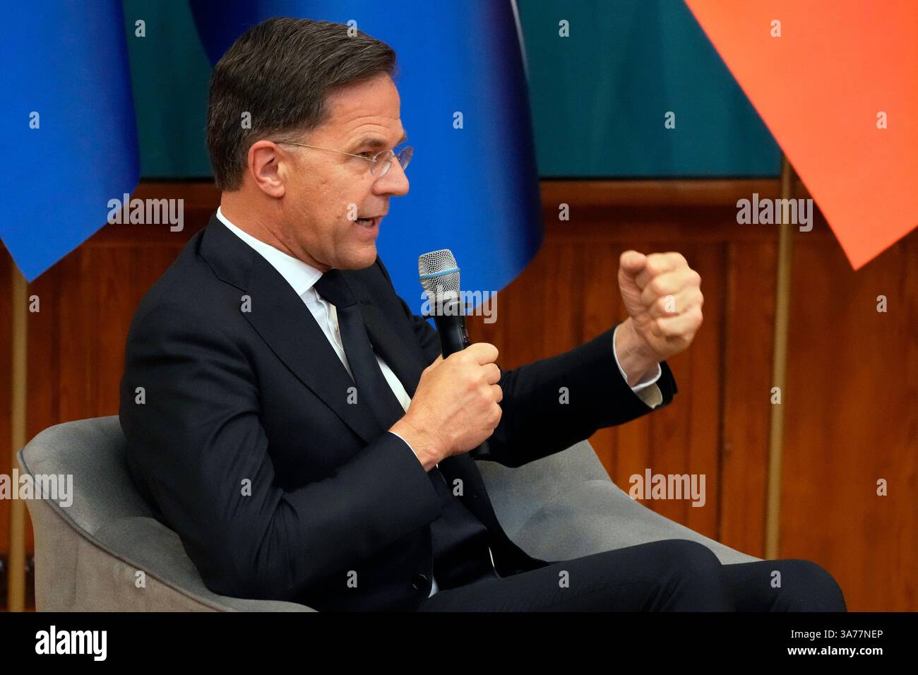 NATO Secretary-General Mark Rutte speaks during his visit at SGH Warsaw ...