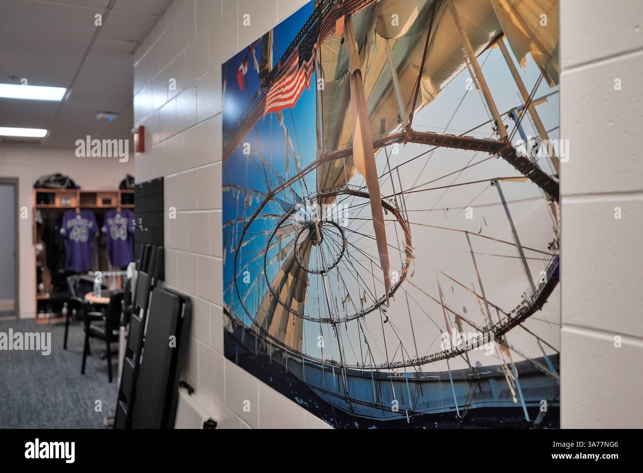 A photo of the destroyed roof at Tropicana Field hangs in the visitor's ...