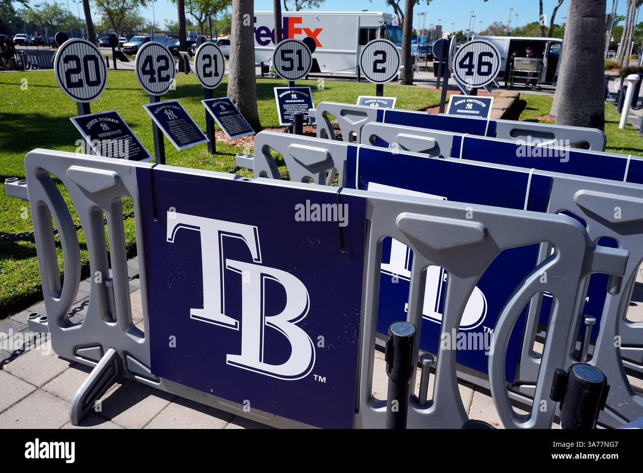 Tampa Bay Rays signs are shown near a replica of the New York Yankees ...