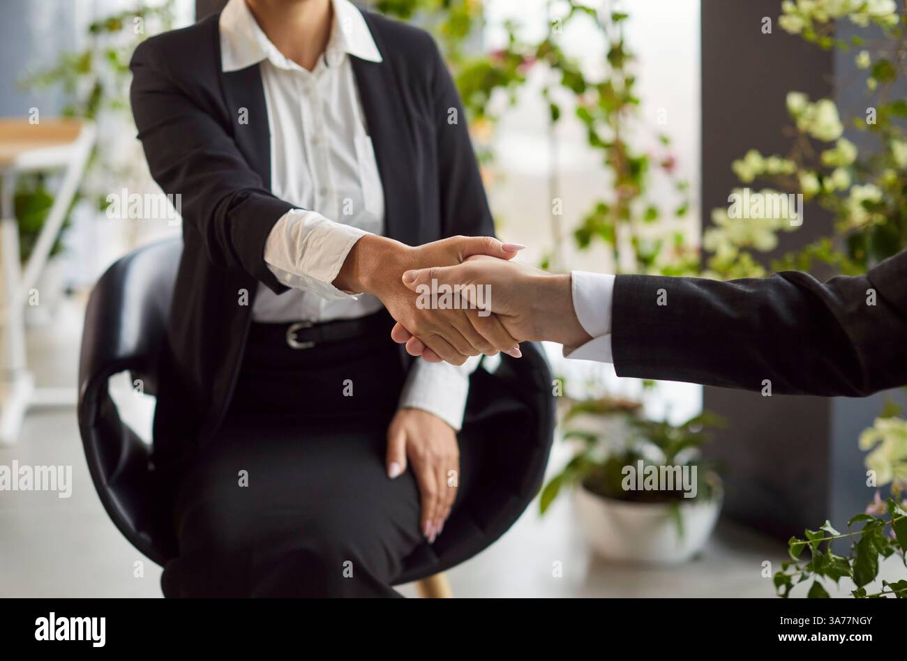 Man shaking hands with woman, getting acquainted, enjoying pleasant ...