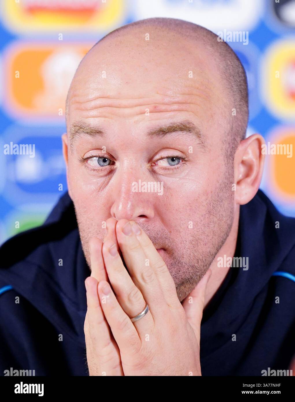 Manchester City interim manager Nick Cushing during a press conference at Stamford Bridge ...