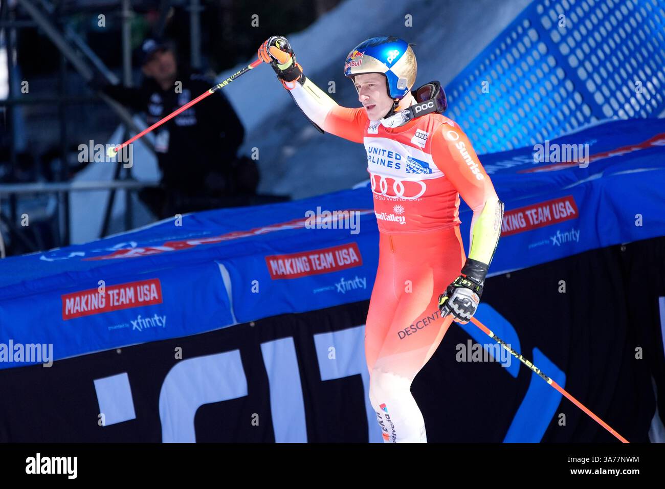 Switzerland's Marco Odermatt reacts after finishing his run during a ...