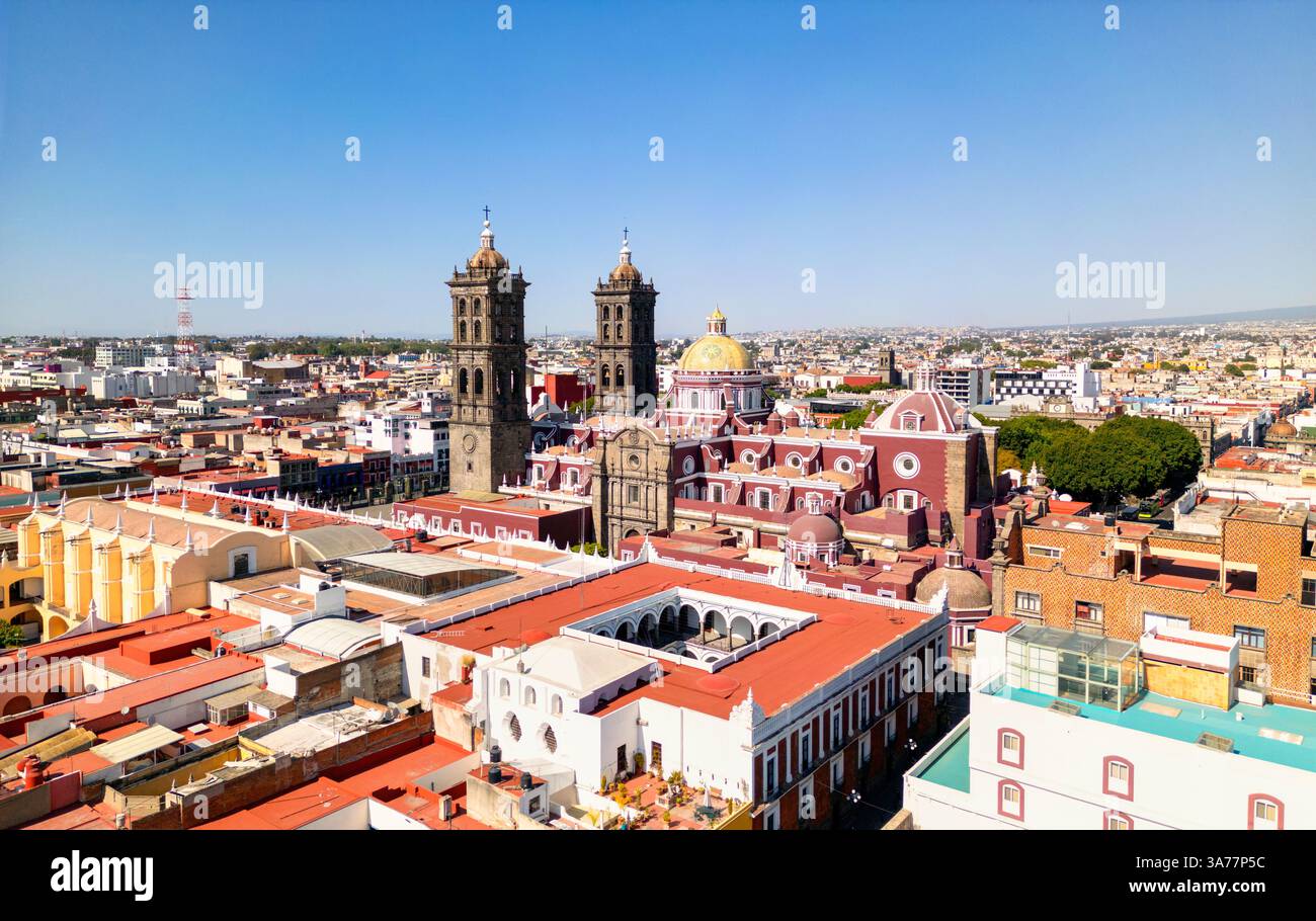 Skyline of Puebla, Mexico, highlighting the iconic Puebla Cathedral ...