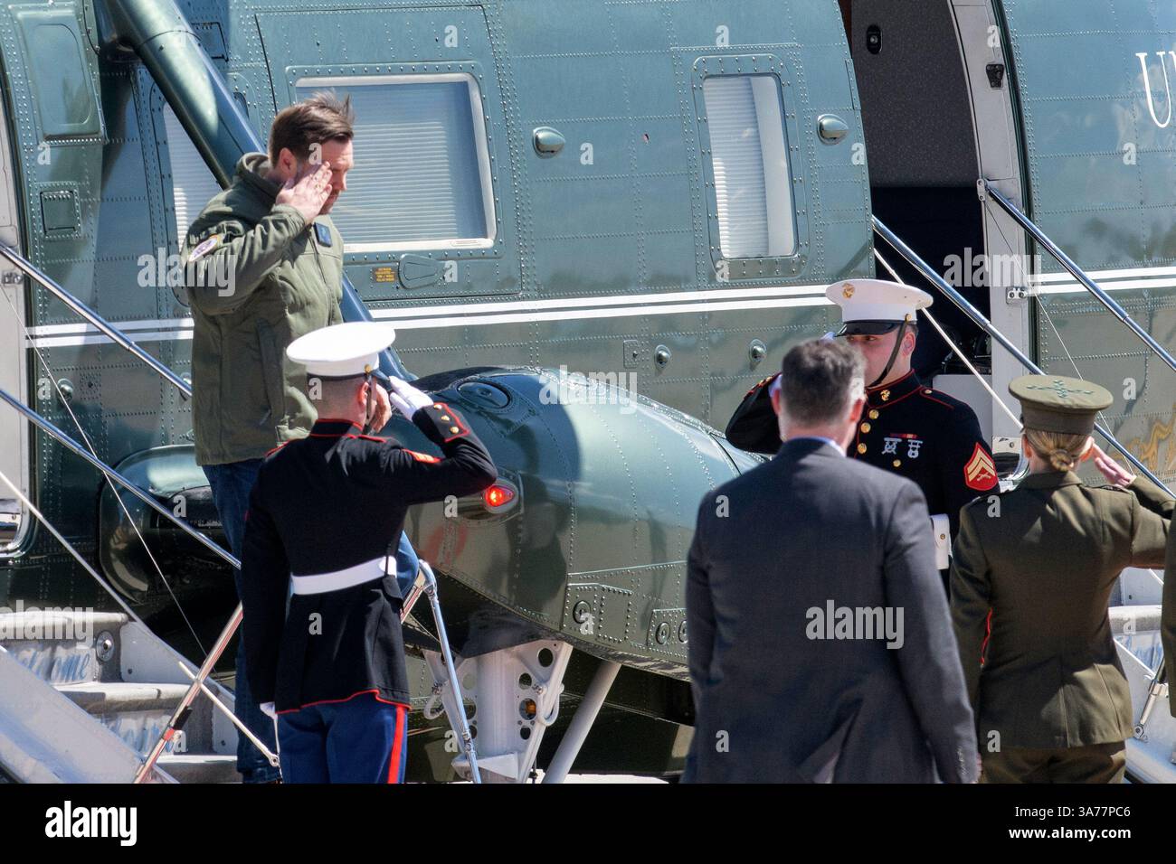 Vice President JD Vance is saluted as he arrives at Marine Corps Air ...
