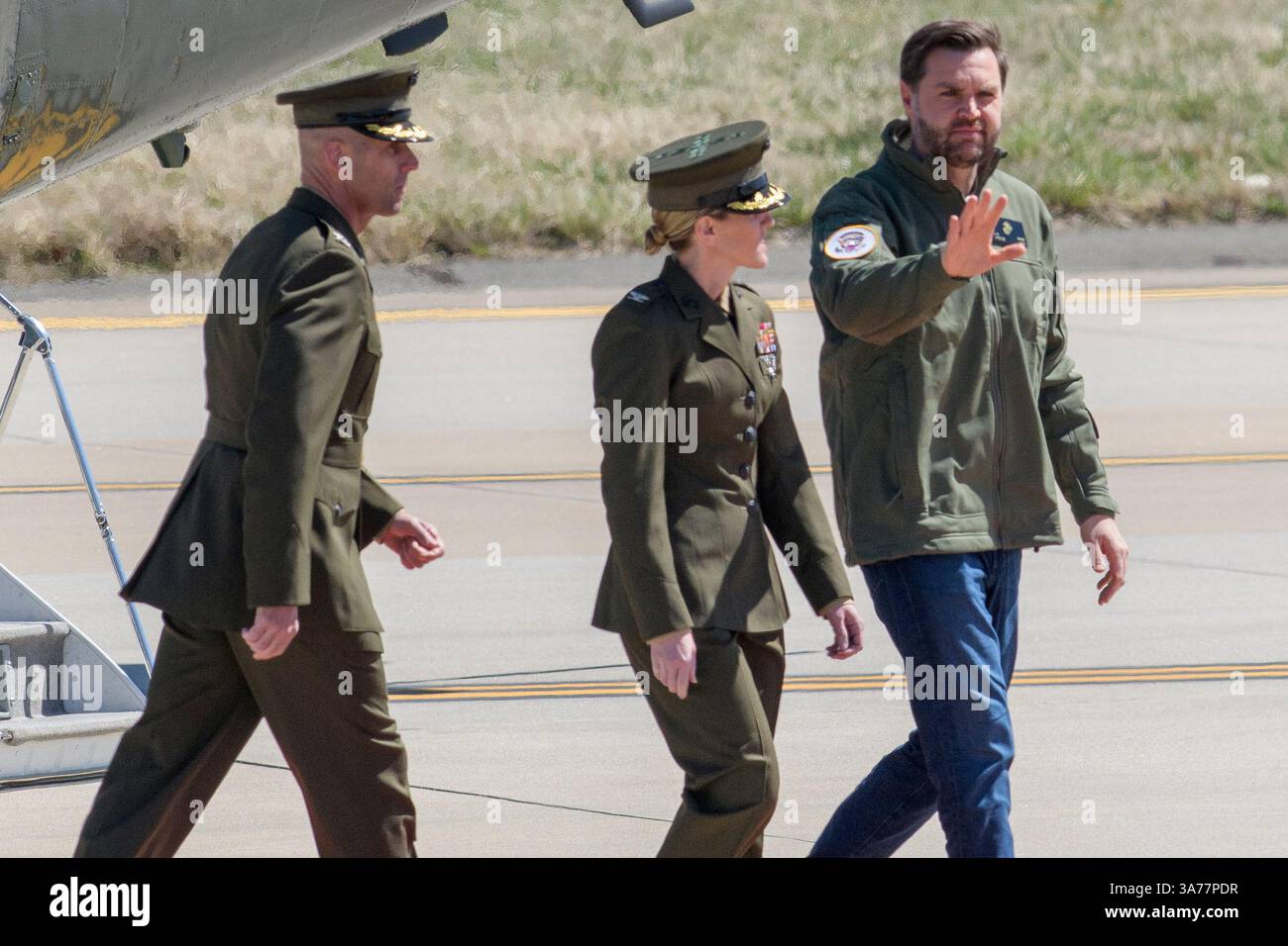 Vice President JD Vance waves to the troops as he arrives at Marine ...