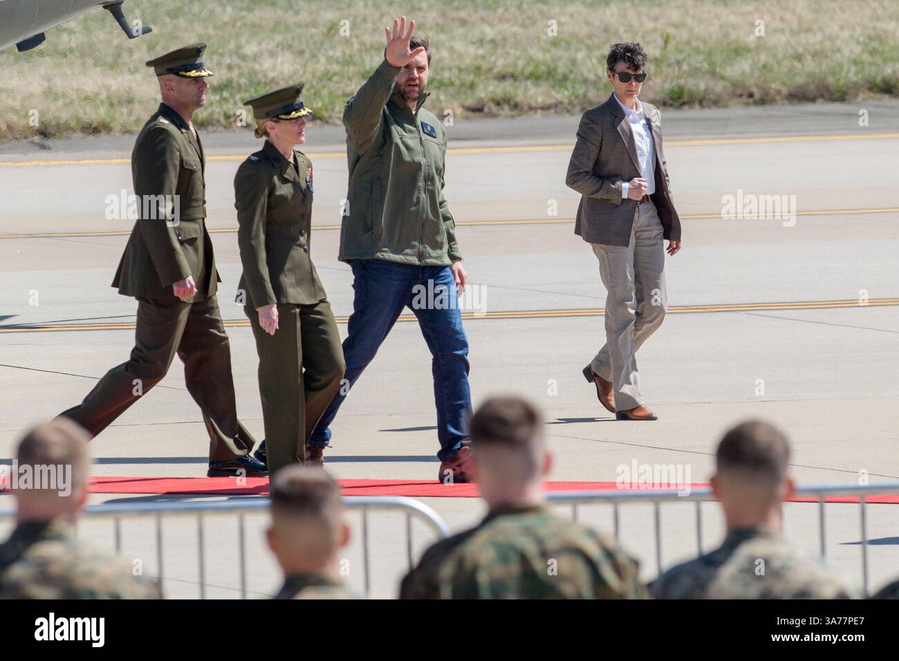 Vice President JD Vance waves to the troops as he arrives at Marine ...