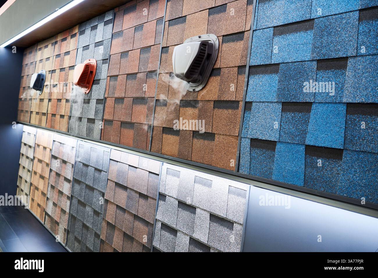 Laminate roof tiles for decorative finishing on display in store Stock ...