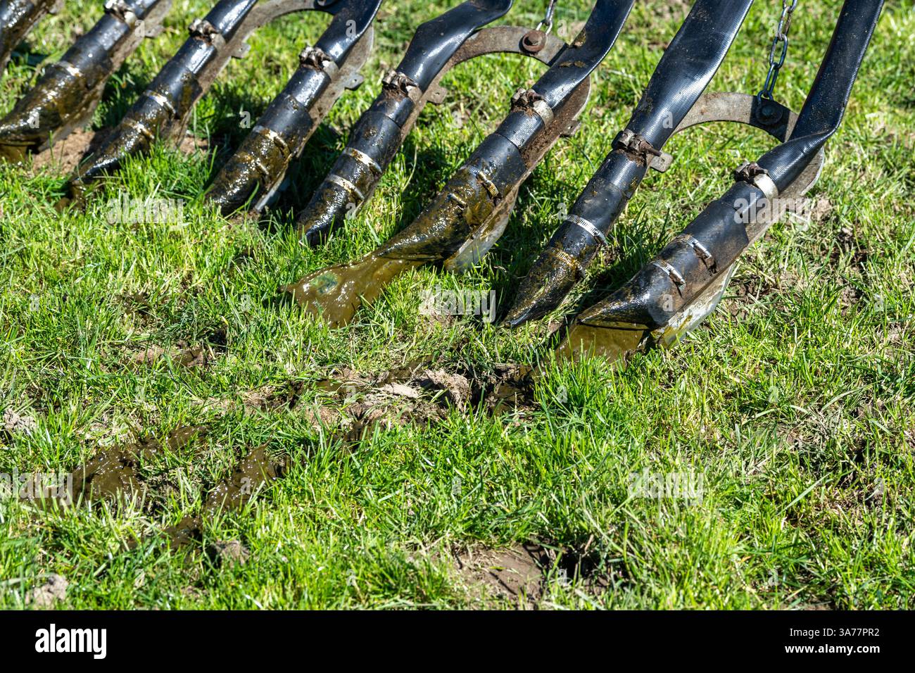 Farmer spreads slurry using an umbilical pump system and dribble bar ...