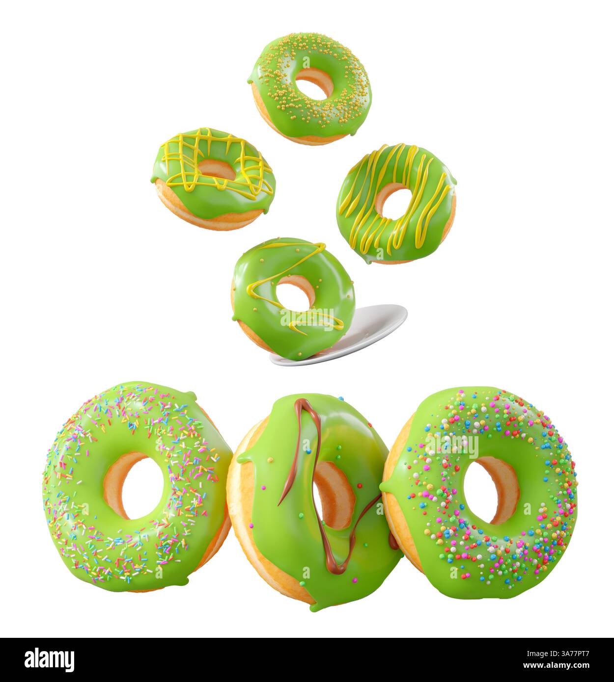 Donuts with green kiwi glaze, sprinkles, white drizzle, and dots ...