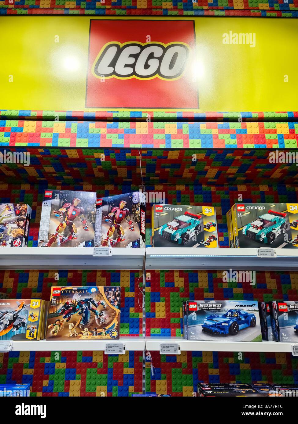 Keflavik, Iceland 23. June 2024, Colorful LEGO boxes on display shelves ...