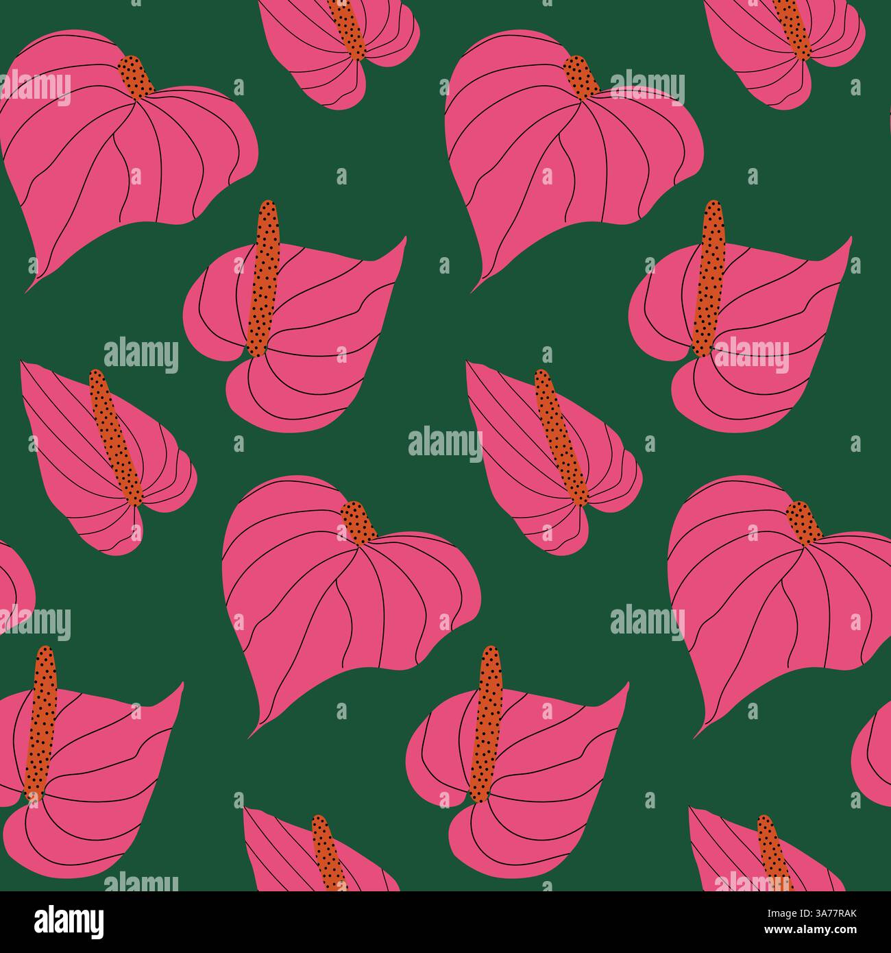 Seamless pattern with heart-shaped Anthurium. Bright botanical green background with pink ...