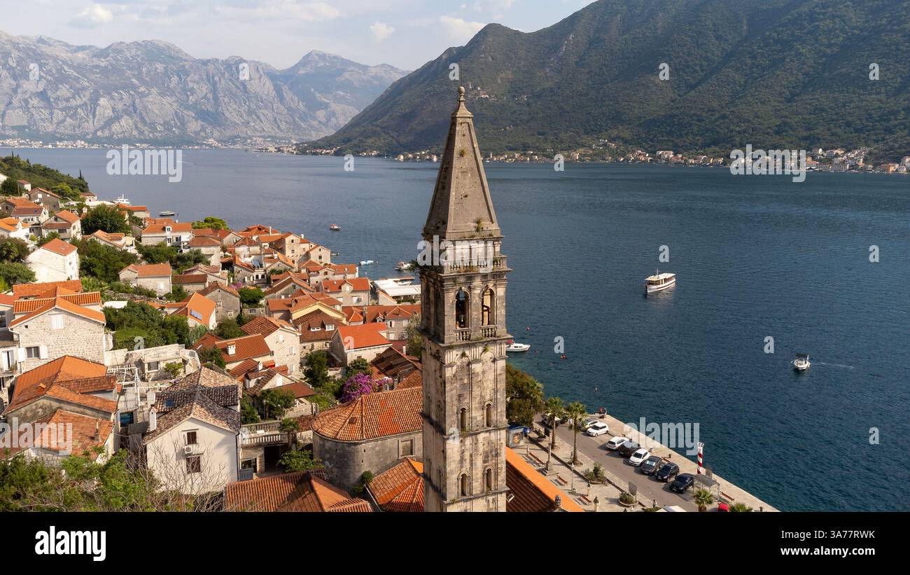 Aerial panorama of Perast city in Kotor Bay, Montenegro. Cityscape of ...