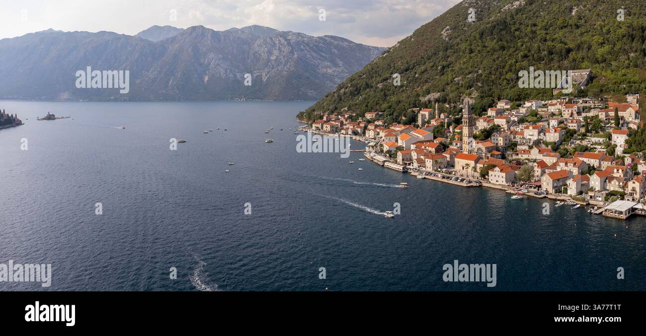 Aerial panorama of Perast city in Kotor Bay, Montenegro. Cityscape of ...