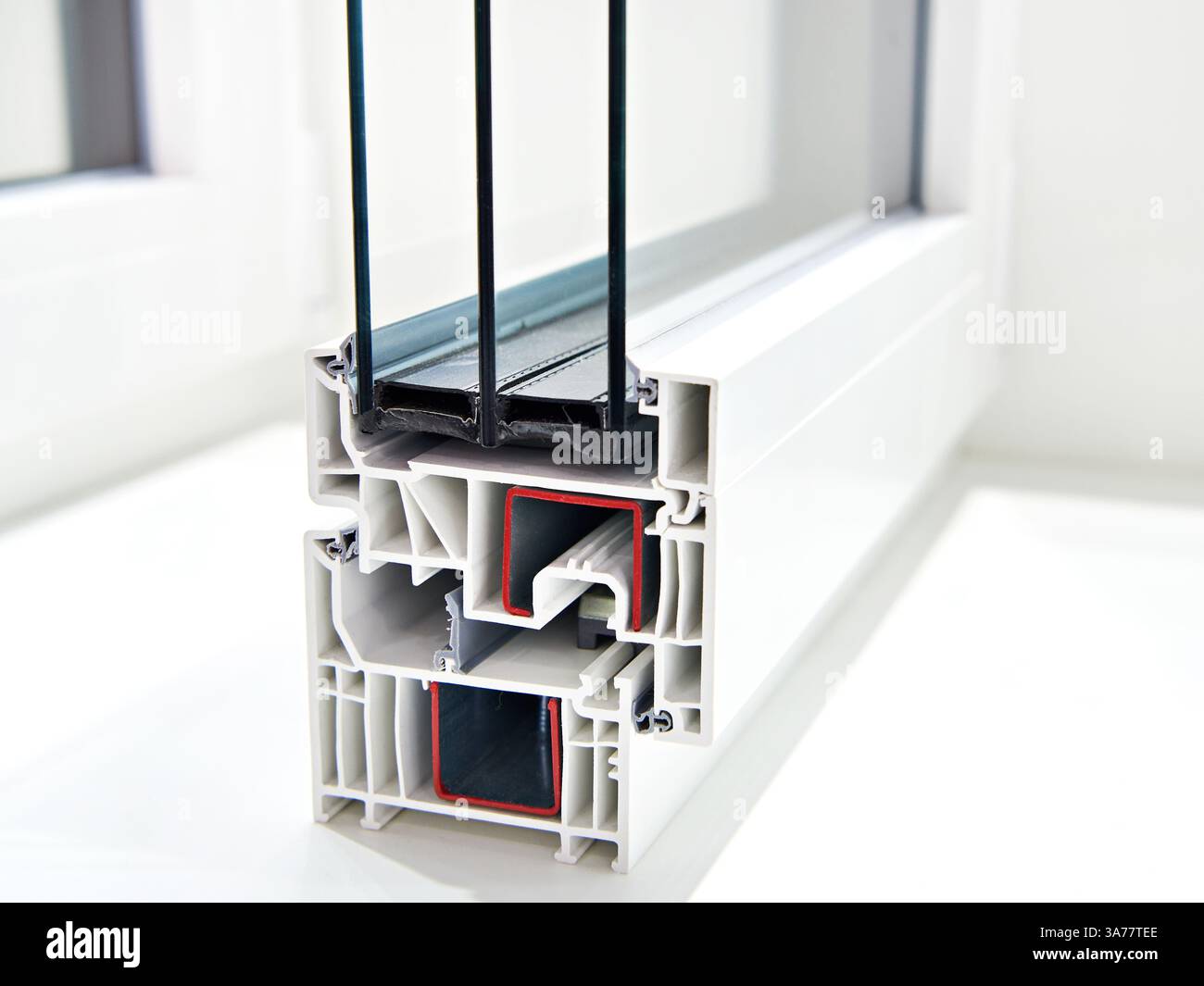 Sectional frame window of plastic insulating glass unit in store Stock ...