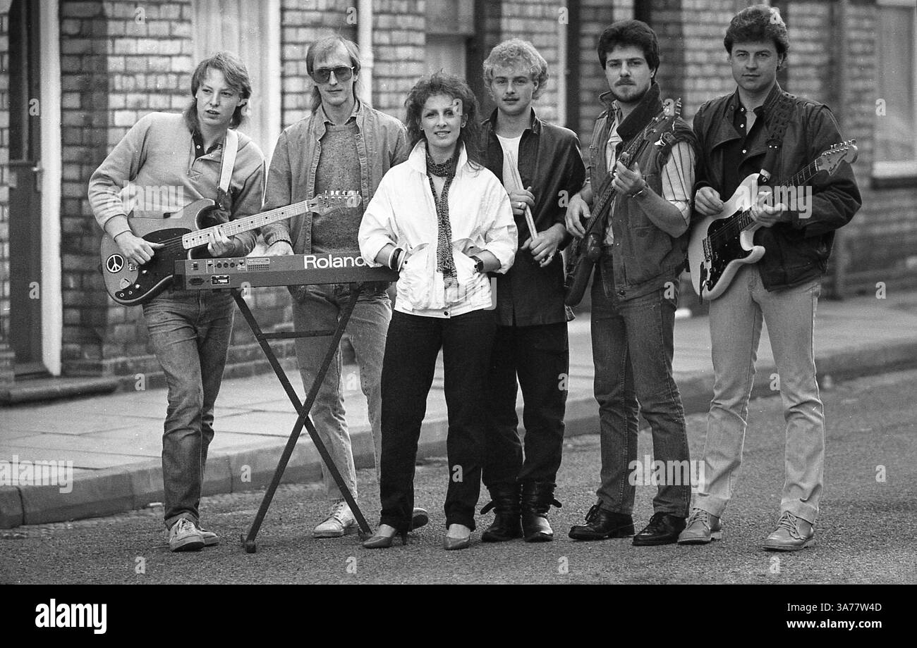 1985, members of a local pop group, 'Dance Reaction', posing in a ...