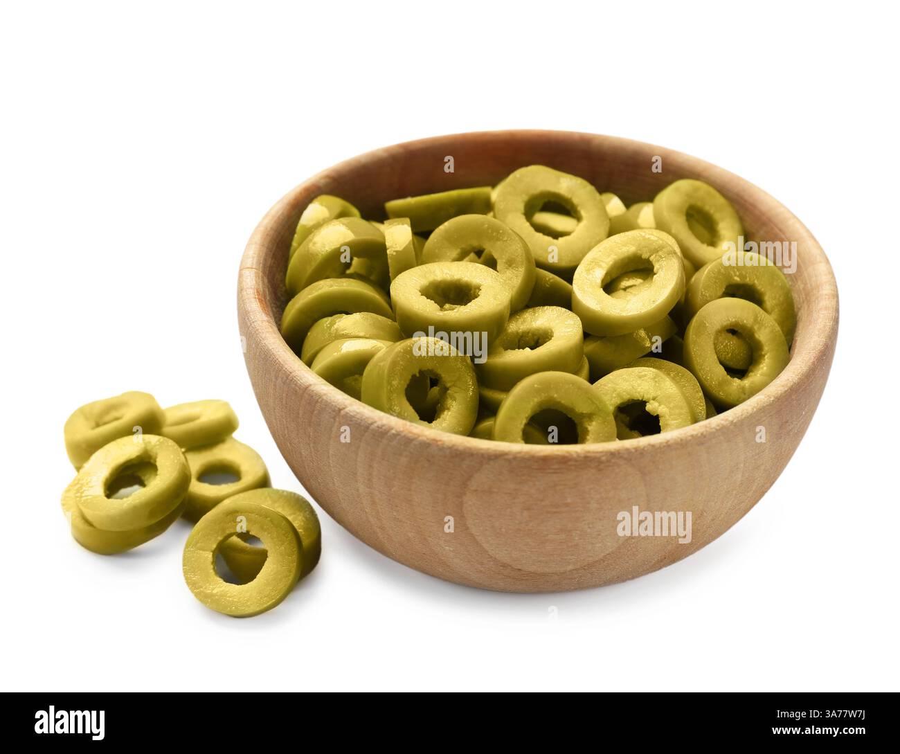 Cut fresh green olive rings in bowl isolated on white Stock Photo - Alamy