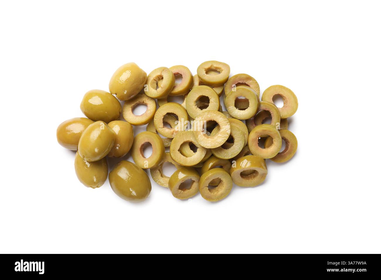 Marinated green olive rings and whole fruits isolated on white, top ...