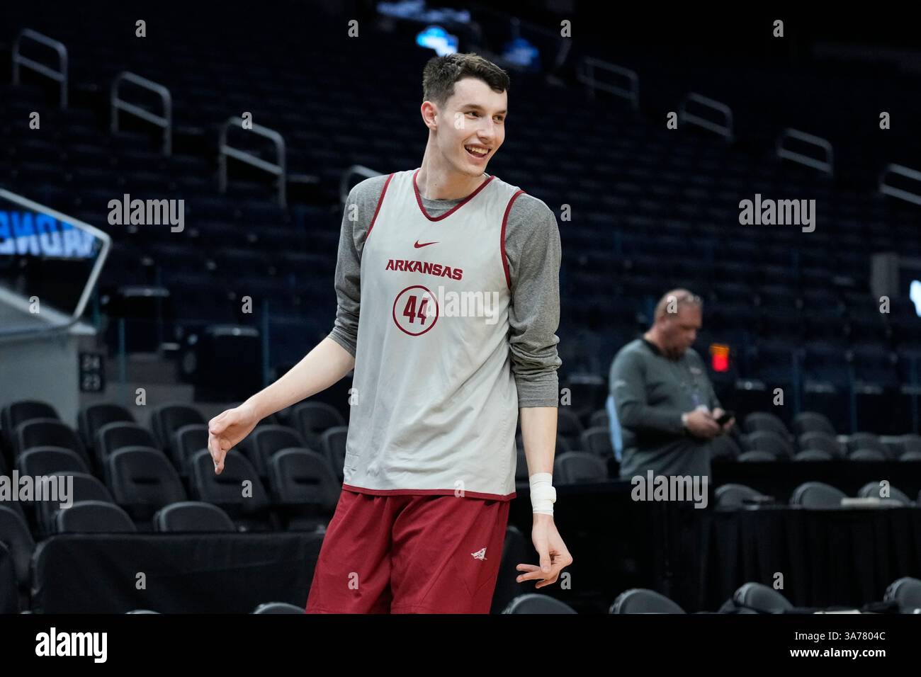 Arkansas forward Zvonimir Ivisic (44) smiles during practice Wednesday ...