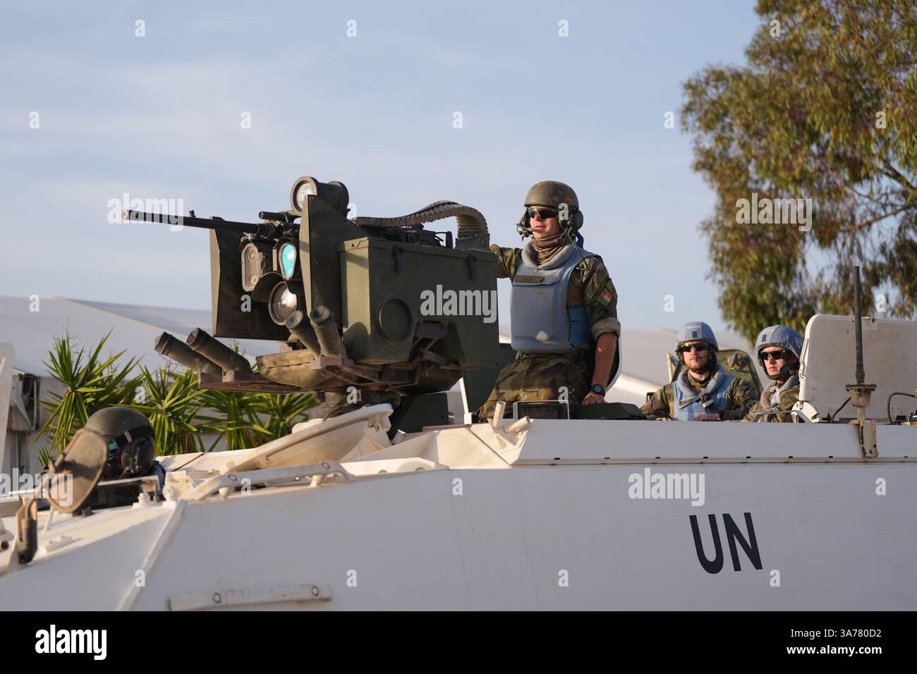 Irish troops patrol as Tanaiste Simon Harris visits Camp Shamrock near ...