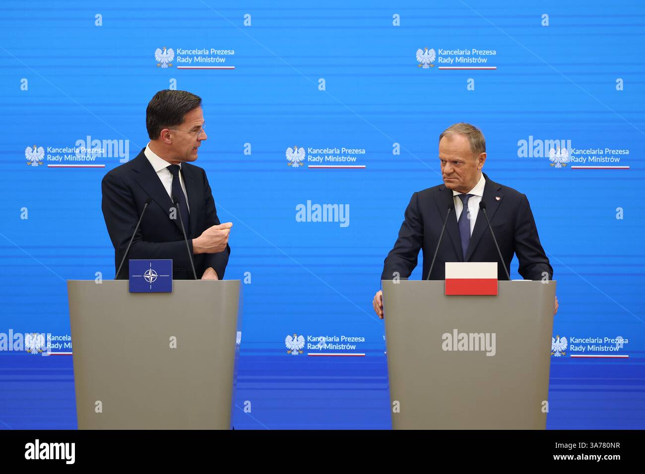 Warsaw, Poland. March 26, 2025. NATO Secretary General Mark Rutte and ...