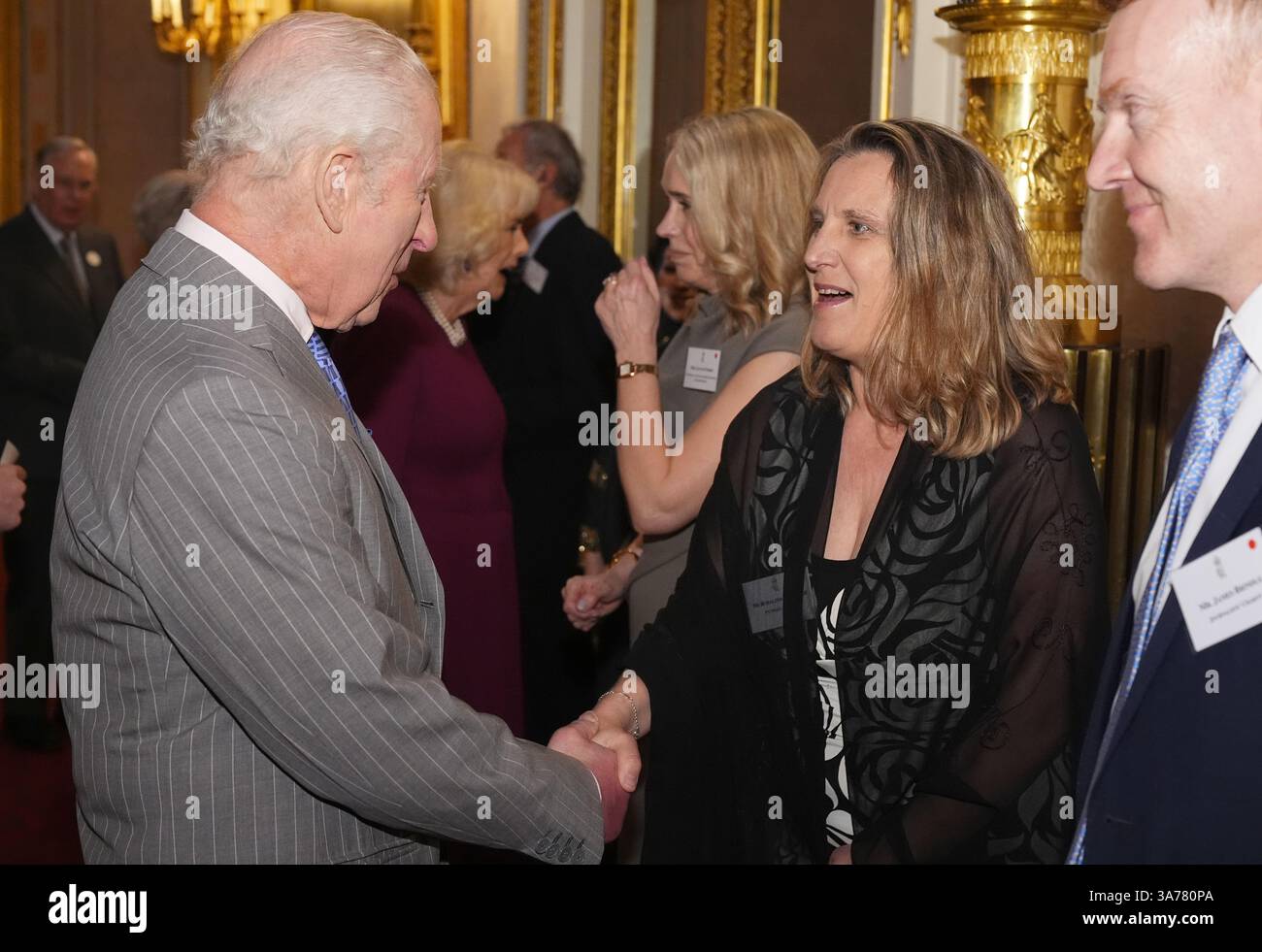 King Charles III greets Rosalind McKenzie during a reception at ...