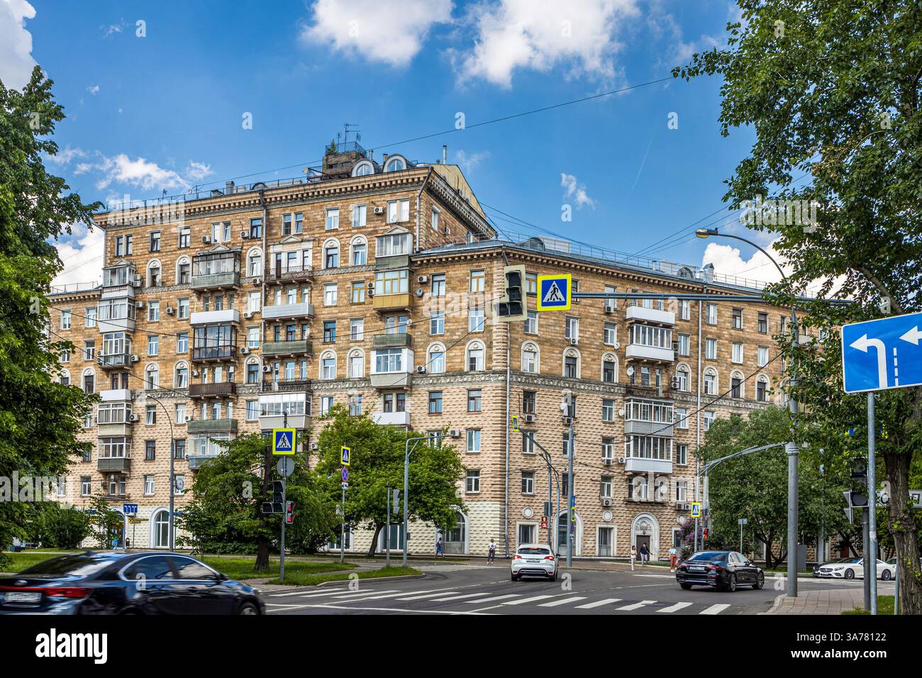 Moscow, Russia, August 16, 2025, A corner Stalinist high-rise building on Novopeschanaya Street ...