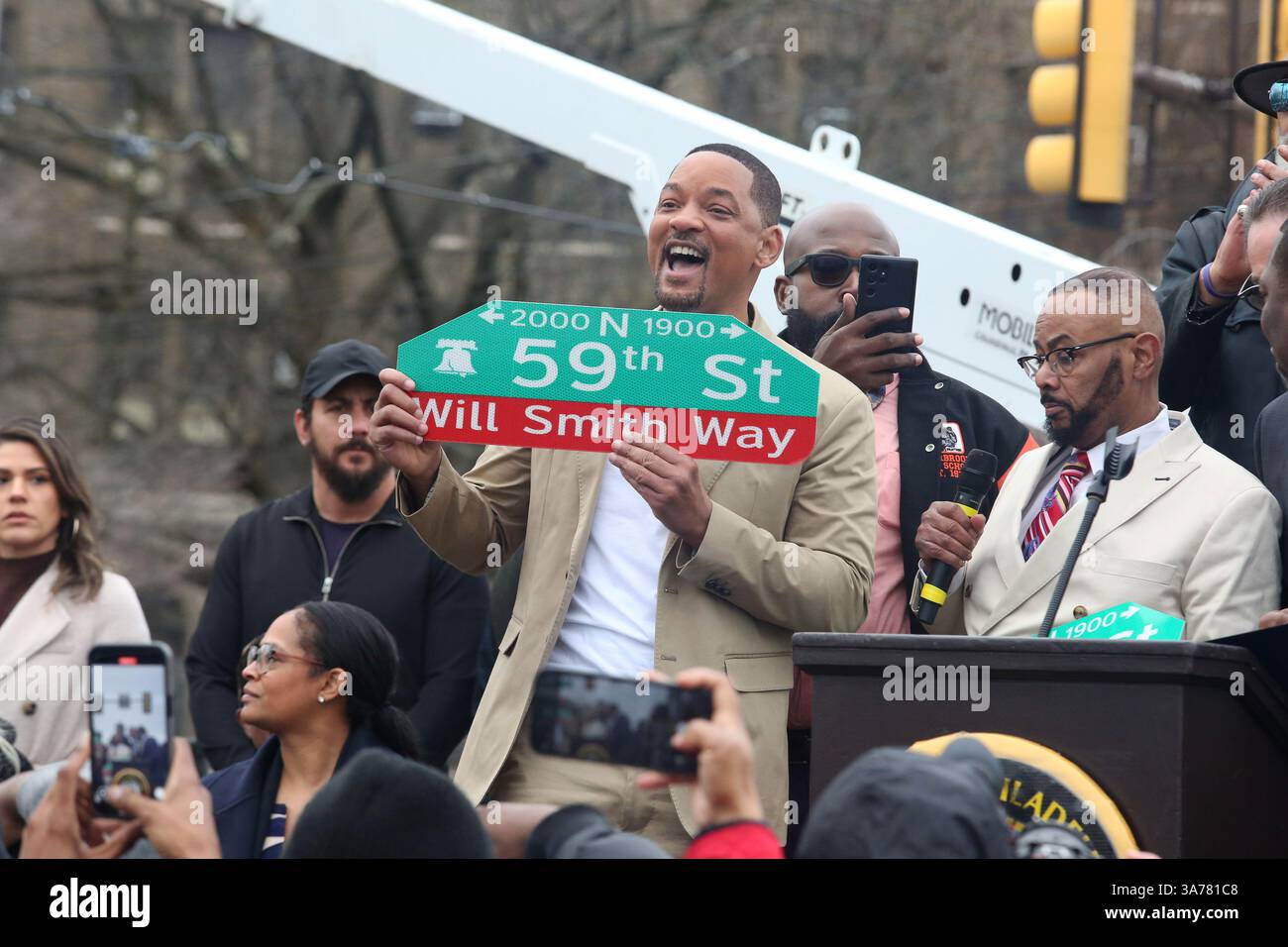 Will Smith pictured in Philadelphia at a street name change from 59th ...