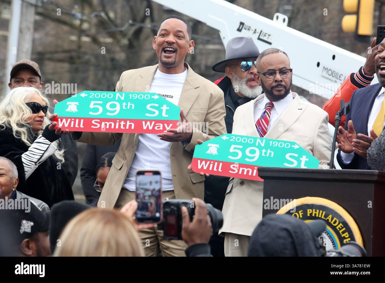 Will Smith pictured in Philadelphia at a street name change from 59th ...