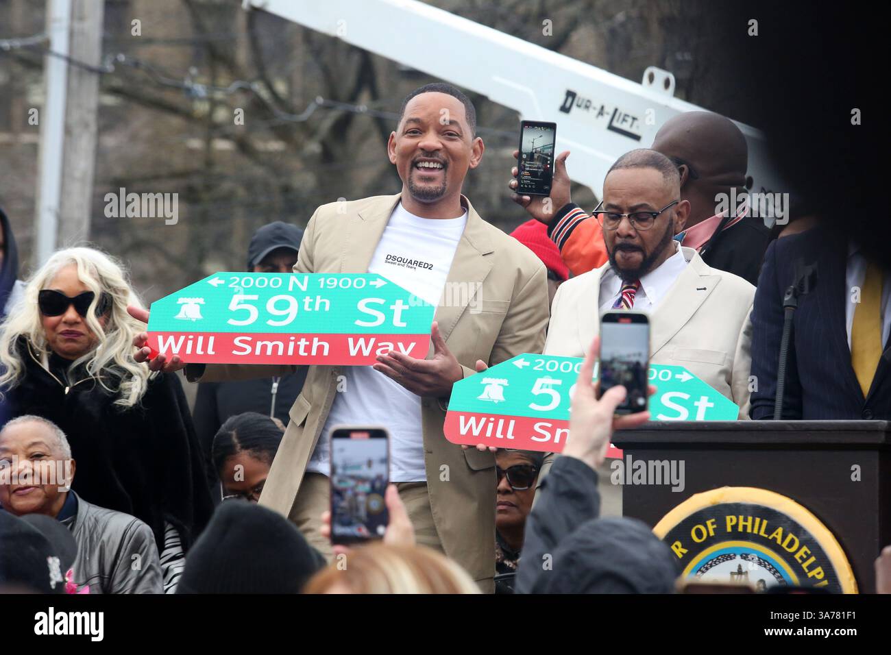 Will Smith pictured in Philadelphia at a street name change from 59th ...