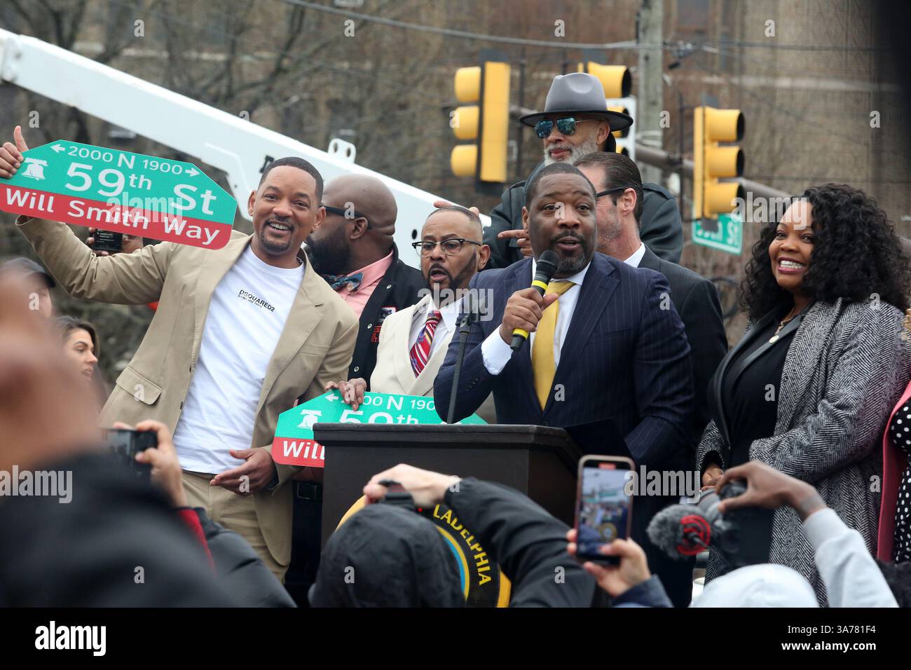 Will Smith pictured in Philadelphia at a street name change from 59th ...