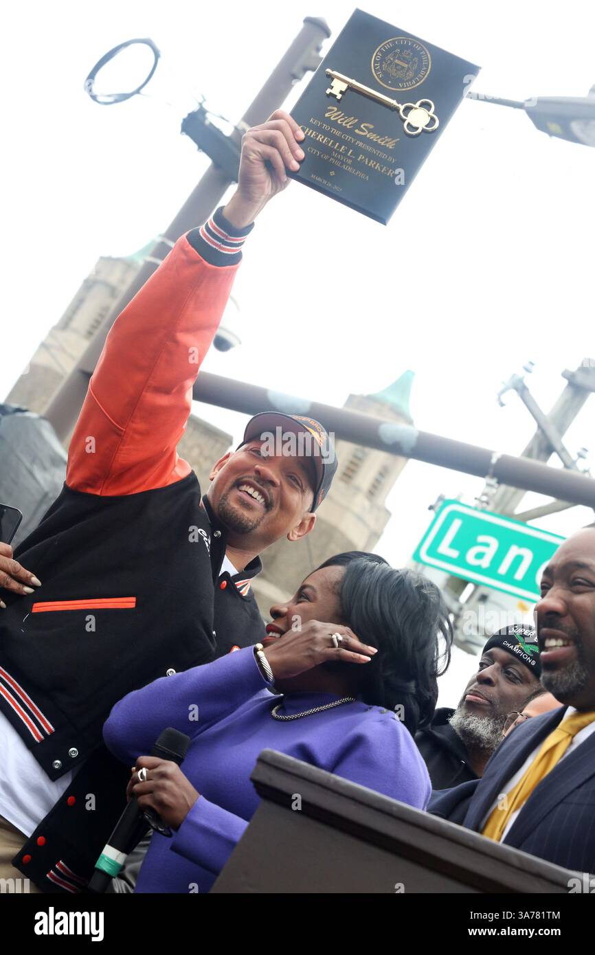 Will Smith pictured in Philadelphia at a street name change from 59th ...