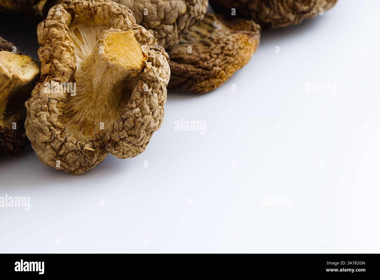 A detailed shot of dried shiitake mushrooms arranged on a crisp white ...
