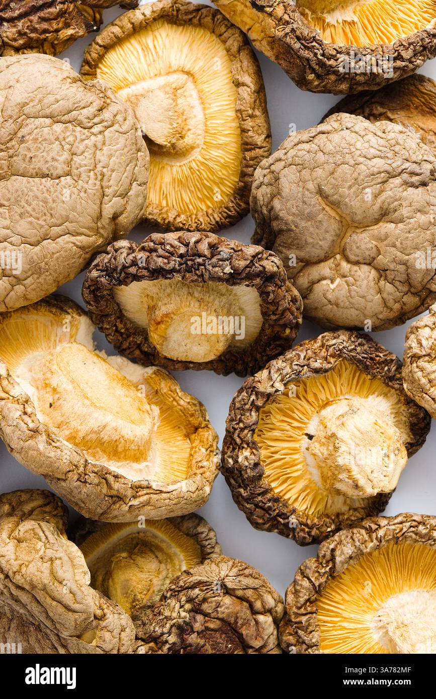 On a pristine white background, dried shiitake mushrooms are displayed ...