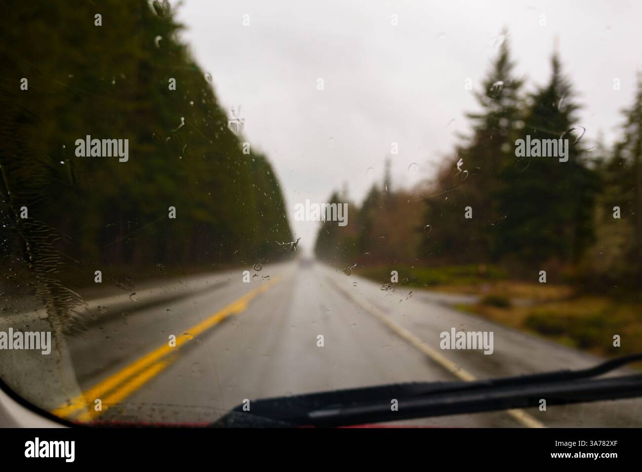 Driver's view through windshield of wet highway in rural area, WA, USA ...