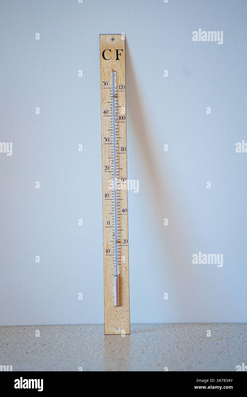 Old mercury thermometer with scale in degrees Celsius and Fahrenheit ...
