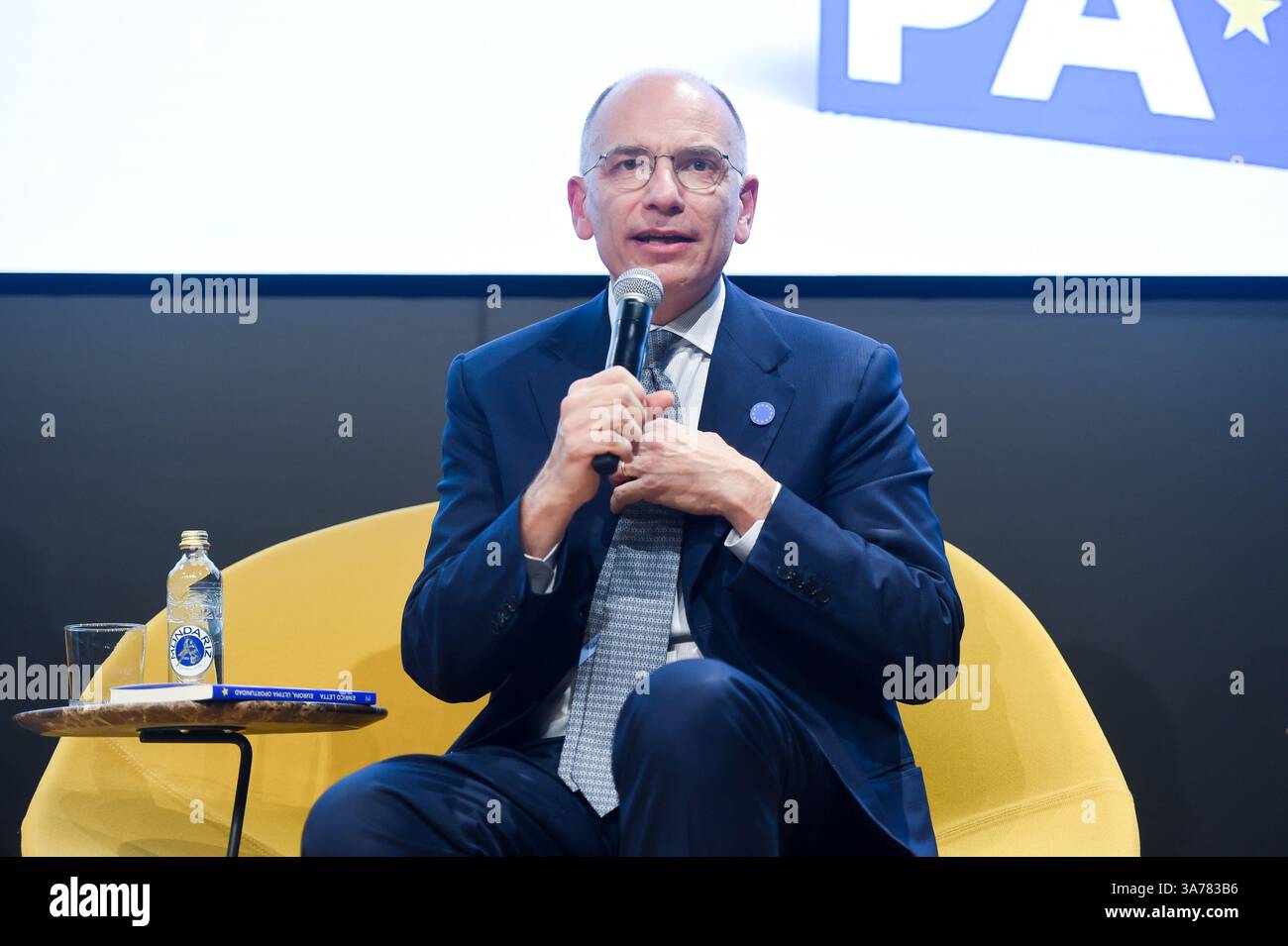 Italian politician and professor, Enrico Letta, during the presentation ...