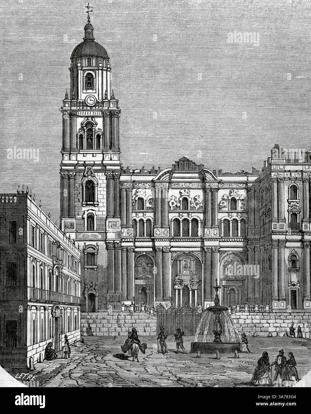 Malaga, Andalusia, Spain. View of the cathedral. Drawing by Letre ...