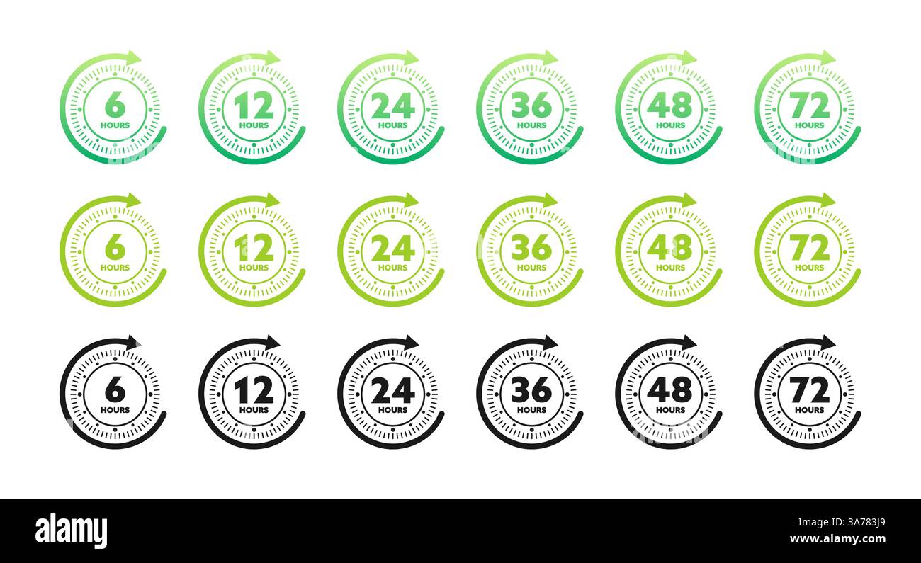 12, 24, 36, 48 and 72 hours clock arrow. Working and Delivery service ...