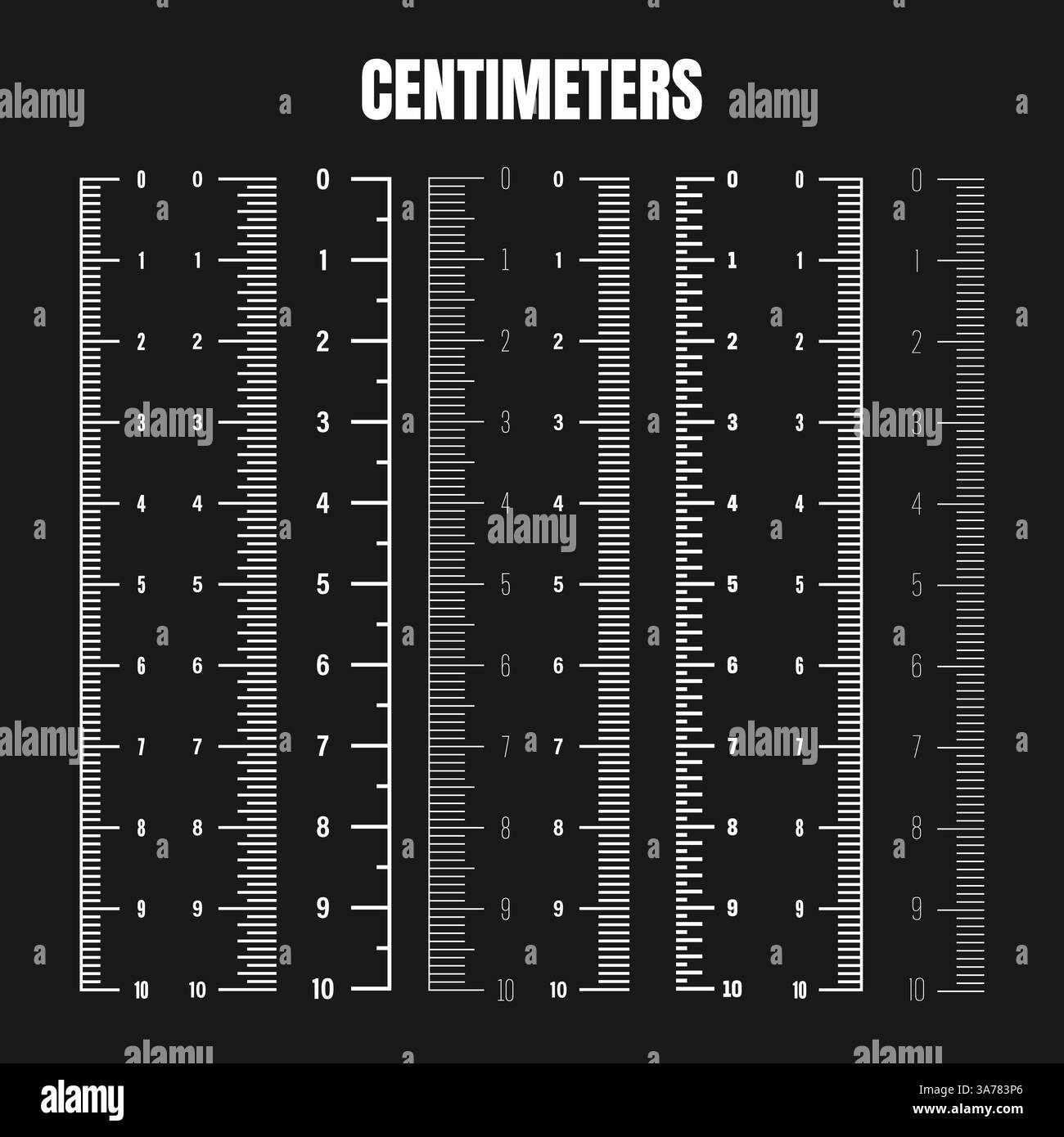 Vertical centimeter scale for measuring length or height. Various ...