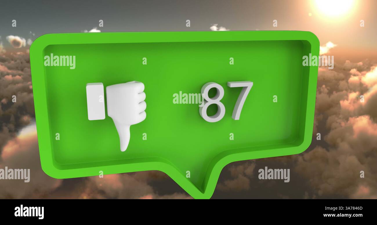 Green thumbs-down icon with number 87 floating above clouds at sunset ...